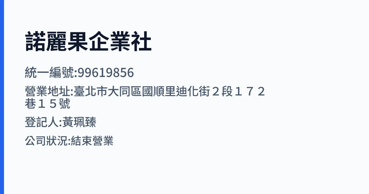 諾麗果企業社 - 統編 99619856(臺北市) 公司登記資料與營業項目詳細圖表