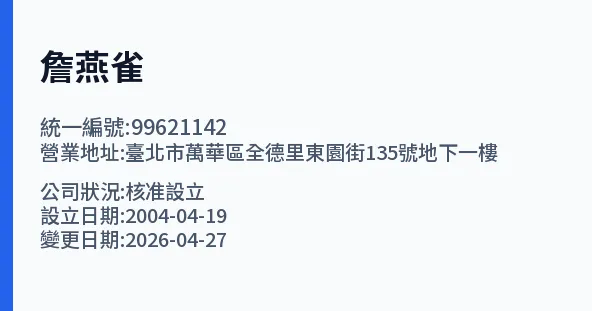 詹燕雀的照片-統編 99621142(臺北市) 公司登記資料與營業項目詳細圖表