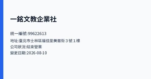 一銘文教企業社的照片-統編 99622613(臺北市) 公司登記資料與營業項目詳細圖表