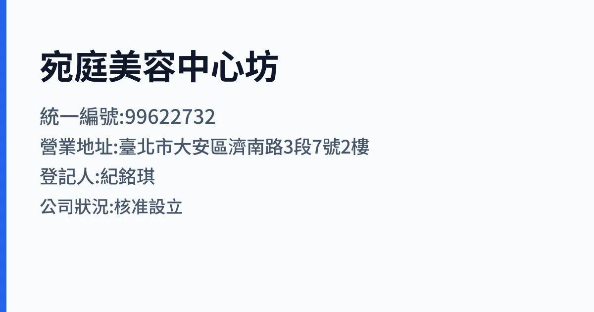 宛庭美容中心坊 - 統編 99622732(臺北市) 公司登記資料與營業項目詳細圖表