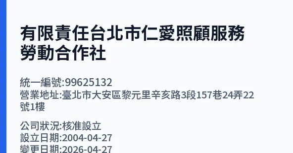 有限責任台北市仁愛照顧服務勞動合作社的照片-統編 99625132(臺北市) 公司登記資料與營業項目詳細圖表