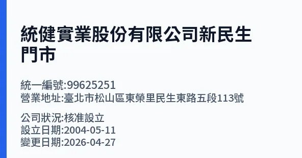 統健實業股份有限公司新民生門市的照片-統編 99625251(臺北市) 公司登記資料與營業項目詳細圖表