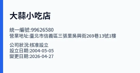 大蒜小吃店的照片-統編 99626580(臺北市) 公司登記資料與營業項目詳細圖表