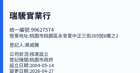 瑞驣實業行的照片-統編 99627574(桃園市) 公司登記資料與營業項目詳細圖表