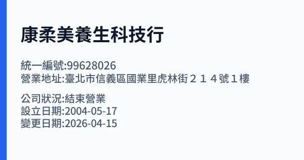 康柔美養生科技行的照片-統編 99628026(臺北市) 公司登記資料與營業項目詳細圖表