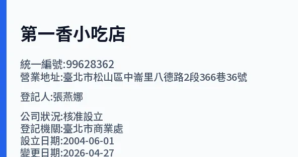 第一香小吃店的照片-統編 99628362(臺北市) 公司登記資料與營業項目詳細圖表