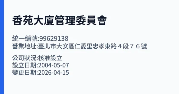 香苑大廈管理委員會的照片-統編 99629138(臺北市) 公司登記資料與營業項目詳細圖表