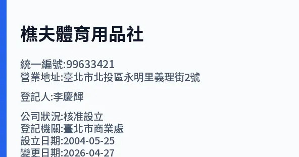 樵夫體育用品社的照片-統編 99633421(臺北市) 公司登記資料與營業項目詳細圖表