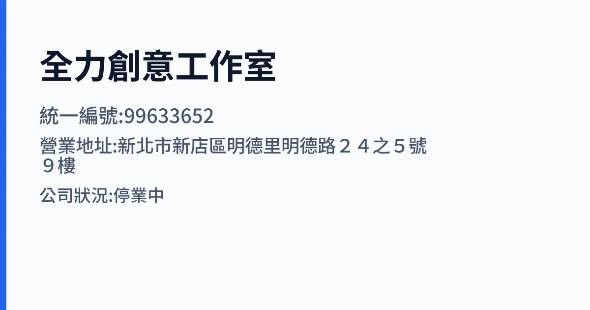 全力創意工作室 - 統編 99633652(新北市) 公司登記資料與營業項目詳細圖表