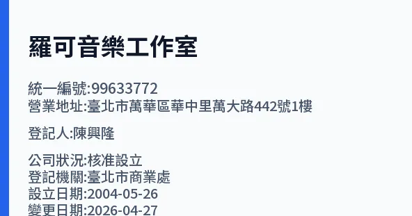 羅可音樂工作室的照片-統編 99633772(臺北市) 公司登記資料與營業項目詳細圖表