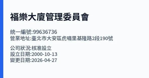 福樂大廈管理委員會的照片-統編 99636736(臺北市) 公司登記資料與營業項目詳細圖表