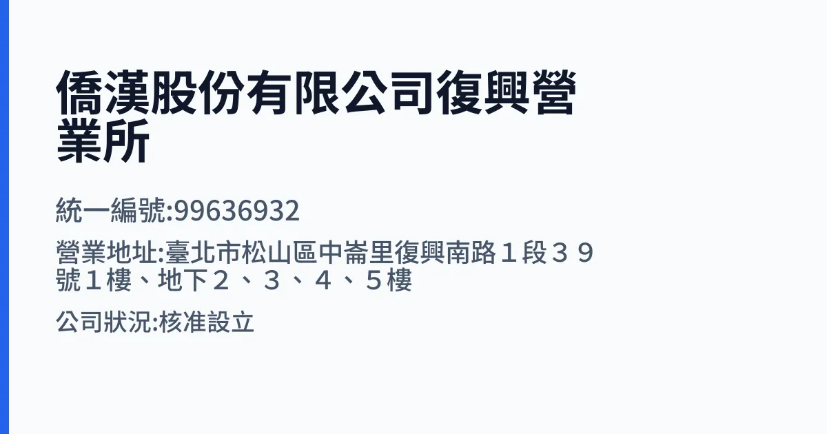僑漢股份有限公司復興營業所 - 統編 99636932(臺北市) 公司登記資料與營業項目詳細圖表