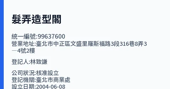 髮弄造型閣的照片-統編 99637600(臺北市) 公司登記資料與營業項目詳細圖表