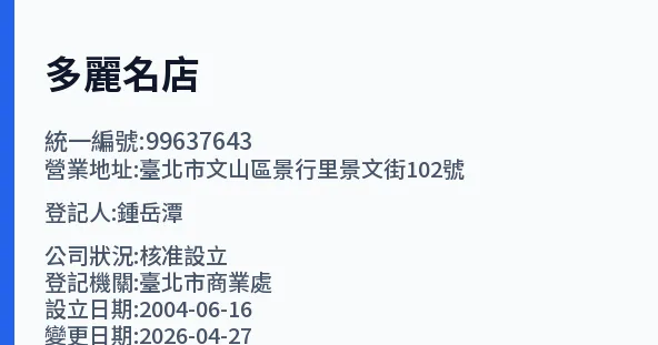 多麗名店的照片-統編 99637643(臺北市) 公司登記資料與營業項目詳細圖表