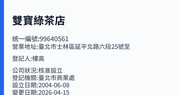 雙寶綠茶店的照片-統編 99640561(臺北市) 公司登記資料與營業項目詳細圖表