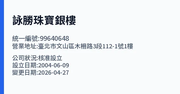 詠勝珠寶銀樓的照片-統編 99640648(臺北市) 公司登記資料與營業項目詳細圖表