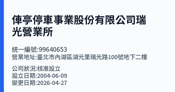 俥亭停車事業股份有限公司瑞光營業所的照片-統編 99640653(臺北市) 公司登記資料與營業項目詳細圖表