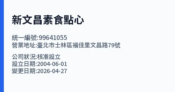 新文昌素食點心的照片-統編 99641055(臺北市) 公司登記資料與營業項目詳細圖表