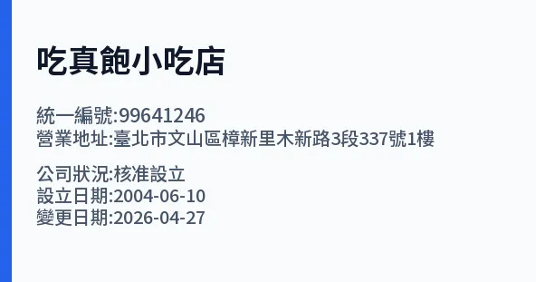 吃真飽小吃店的照片-統編 99641246(臺北市) 公司登記資料與營業項目詳細圖表