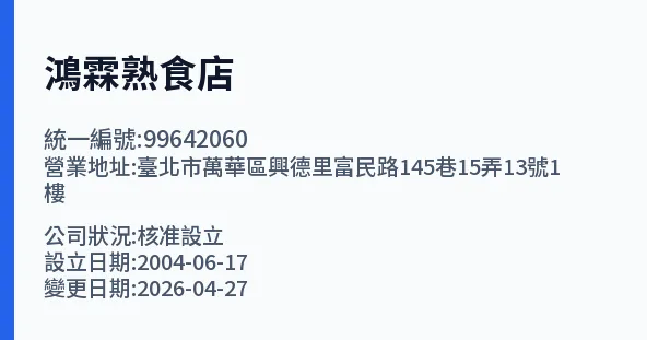鴻霖熟食店的照片-統編 99642060(臺北市) 公司登記資料與營業項目詳細圖表