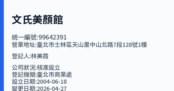 文氏美顏館的照片-統編 99642391(臺北市) 公司登記資料與營業項目詳細圖表