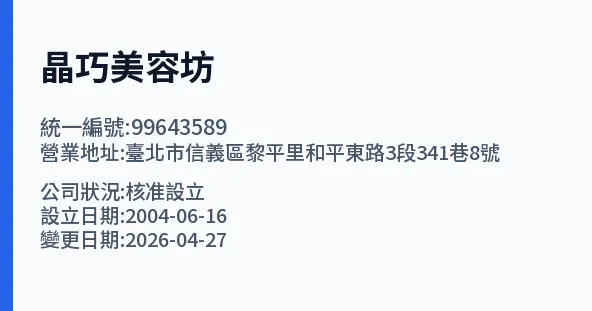 晶巧美容坊的照片-統編 99643589(臺北市) 公司登記資料與營業項目詳細圖表