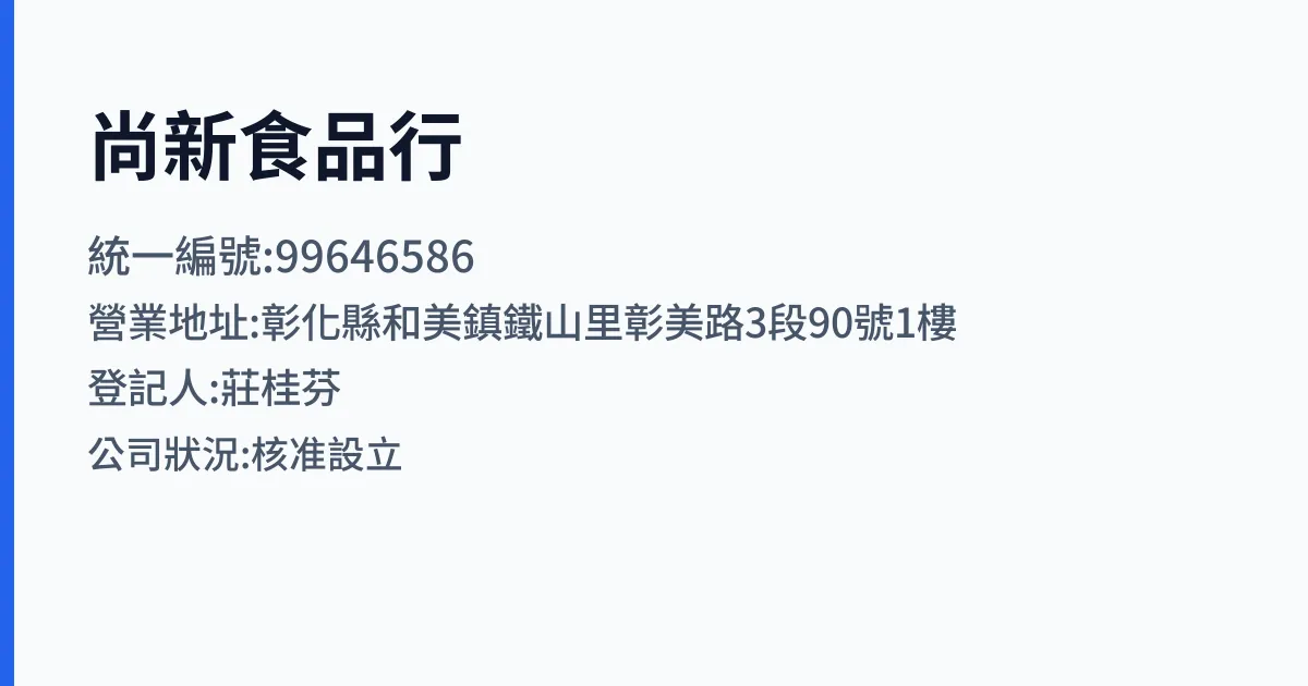 尚新食品行 - 統編 99646586(彰化縣) 公司登記資料與營業項目詳細圖表