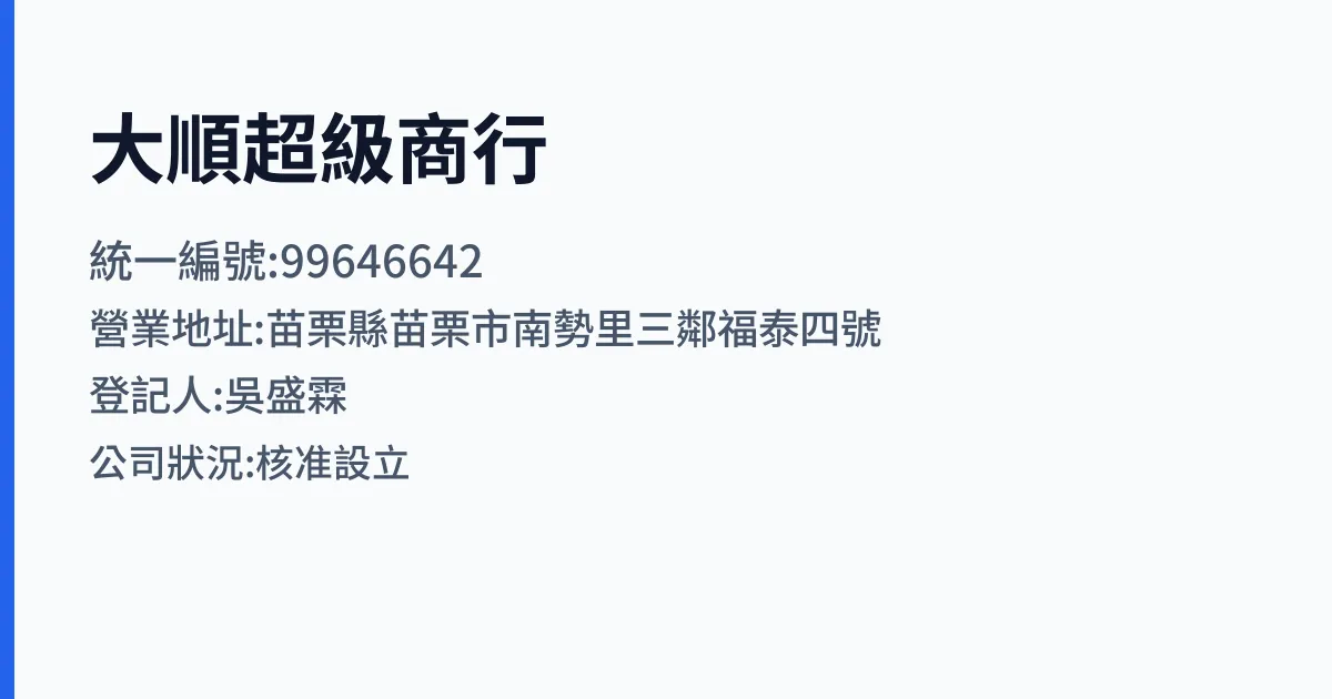 大順超級商行 - 統編 99646642(苗栗縣) 公司登記資料與營業項目詳細圖表