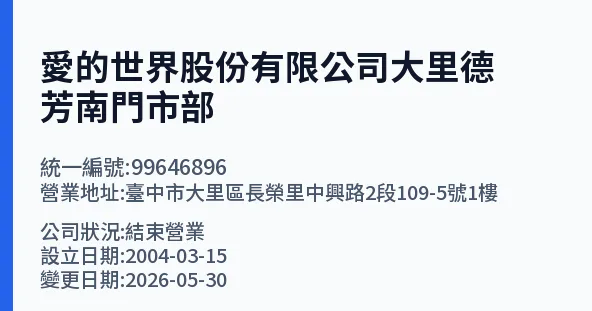 愛的世界股份有限公司大里德芳南門市部的照片-統編 99646896(臺中市) 公司登記資料與營業項目詳細圖表
