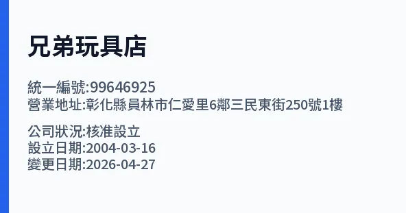 兄弟玩具店的照片-統編 99646925(彰化縣) 公司登記資料與營業項目詳細圖表