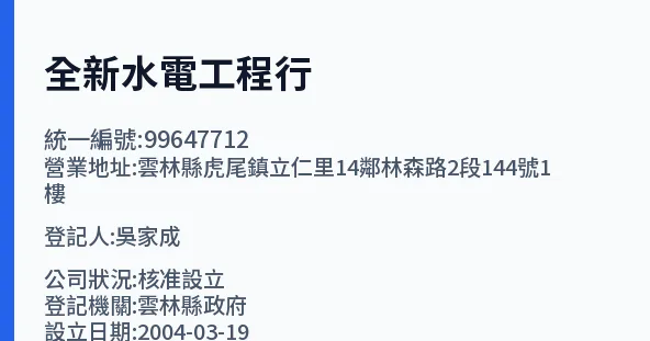 全新水電工程行的照片-統編 99647712(雲林縣) 公司登記資料與營業項目詳細圖表