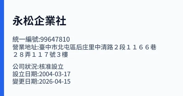 永松企業社的照片-統編 99647810(臺中市) 公司登記資料與營業項目詳細圖表