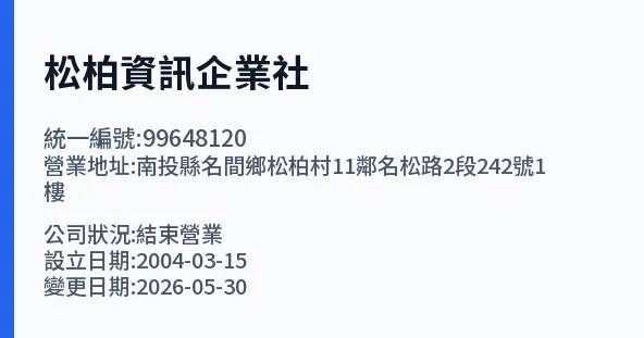 松柏資訊企業社的照片-統編 99648120(南投縣) 公司登記資料與營業項目詳細圖表