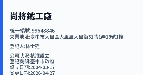 尚將鐵工廠的照片-統編 99648846(臺中市) 公司登記資料與營業項目詳細圖表