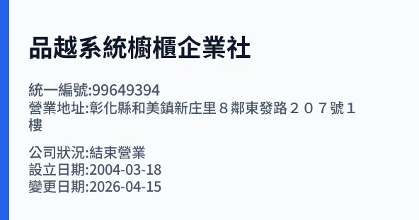品越系統櫥櫃企業社的照片-統編 99649394(彰化縣) 公司登記資料與營業項目詳細圖表