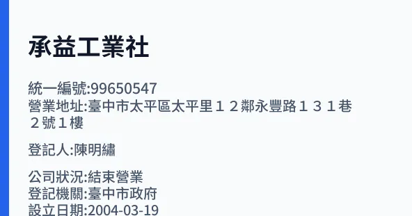 承益工業社的照片-統編 99650547(臺中市) 公司登記資料與營業項目詳細圖表