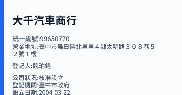 大千汽車商行的照片-統編 99650770(臺中市) 公司登記資料與營業項目詳細圖表