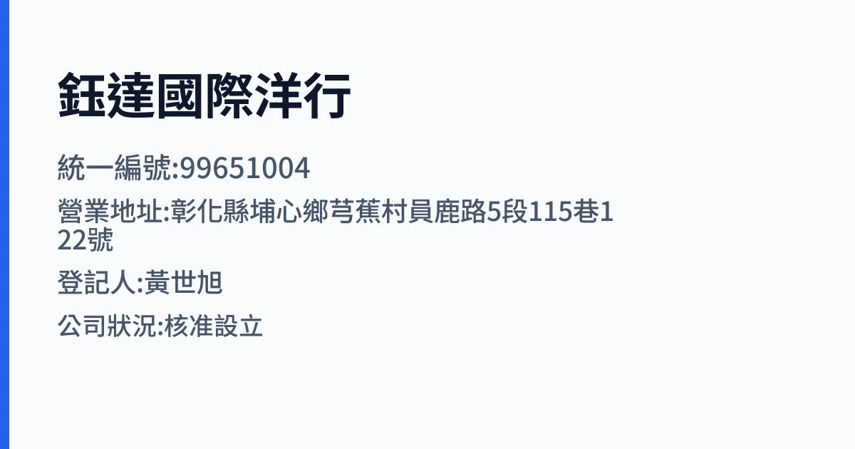 鈺達國際洋行 - 統編 99651004(彰化縣) 公司登記資料與營業項目詳細圖表