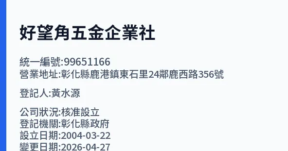 好望角五金企業社的照片-統編 99651166(彰化縣) 公司登記資料與營業項目詳細圖表