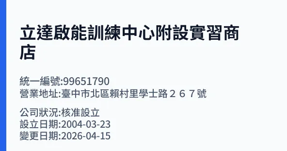立達啟能訓練中心附設實習商店的照片-統編 99651790(臺中市) 公司登記資料與營業項目詳細圖表
