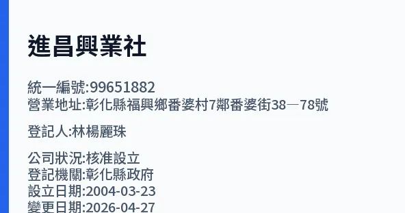 進昌興業社的照片-統編 99651882(彰化縣) 公司登記資料與營業項目詳細圖表