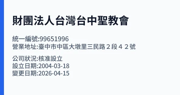 財團法人台灣台中聖教會的照片-統編 99651996(臺中市) 公司登記資料與營業項目詳細圖表