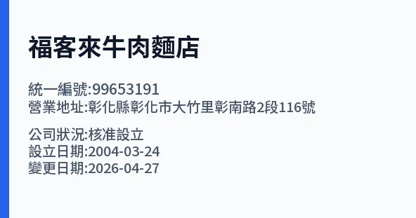福客來牛肉麵店的照片-統編 99653191(彰化縣) 公司登記資料與營業項目詳細圖表