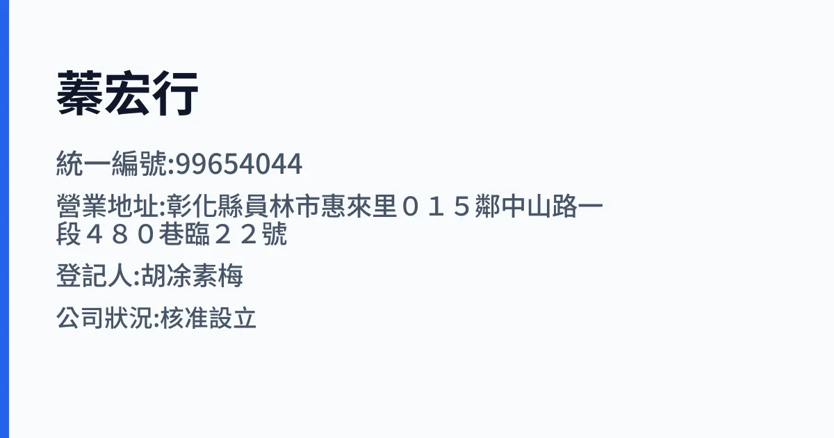 蓁宏行 - 統編 99654044(彰化縣) 公司登記資料與營業項目詳細圖表