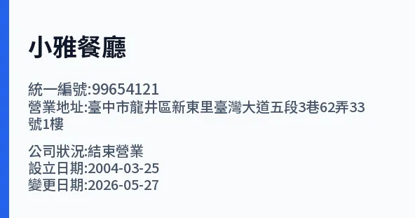 小雅餐廳的照片-統編 99654121(臺中市) 公司登記資料與營業項目詳細圖表