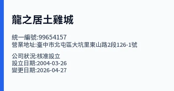 龍之居土雞城的照片-統編 99654157(臺中市) 公司登記資料與營業項目詳細圖表