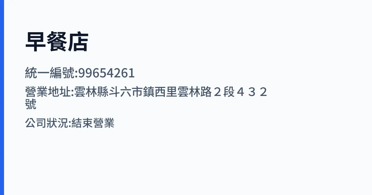 早餐店 - 統編 99654261(雲林縣) 公司登記資料與營業項目詳細圖表