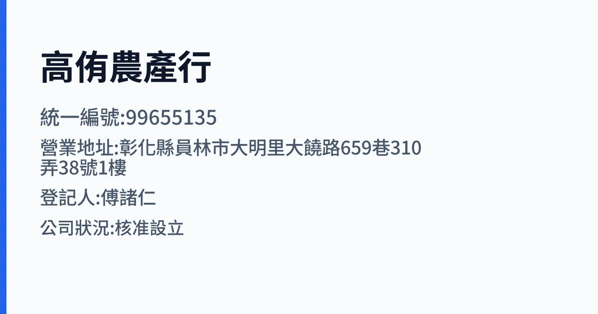 高侑農產行 - 統編 99655135(彰化縣) 公司登記資料與營業項目詳細圖表