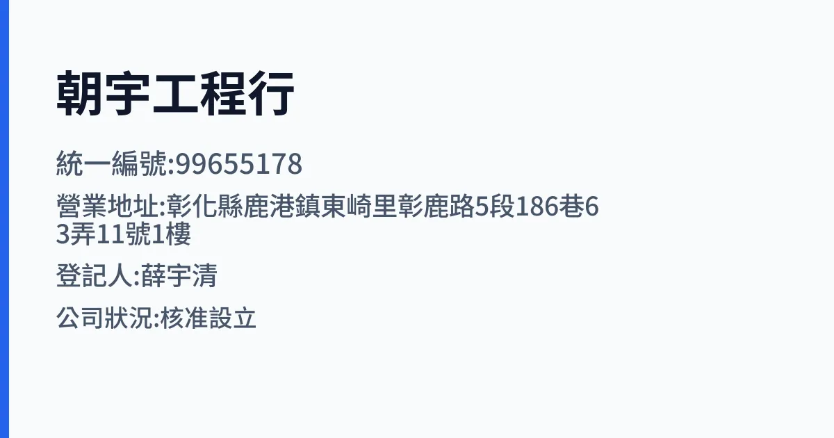 朝宇工程行 - 統編 99655178(彰化縣) 公司登記資料與營業項目詳細圖表
