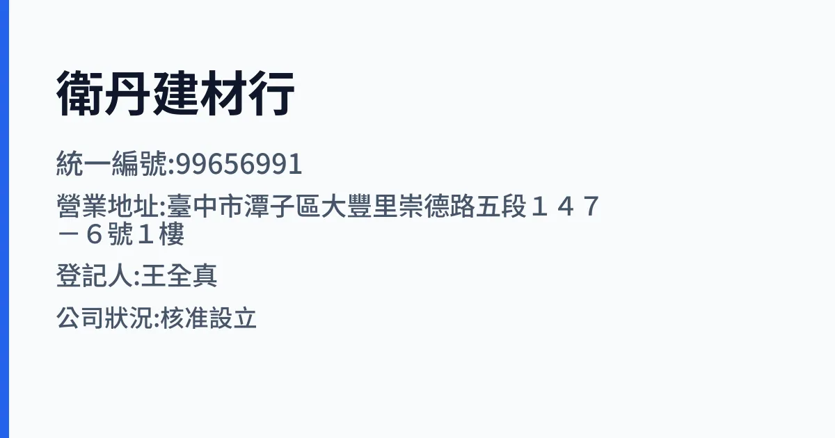 衛丹建材行 - 統編 99656991(臺中市) 公司登記資料與營業項目詳細圖表